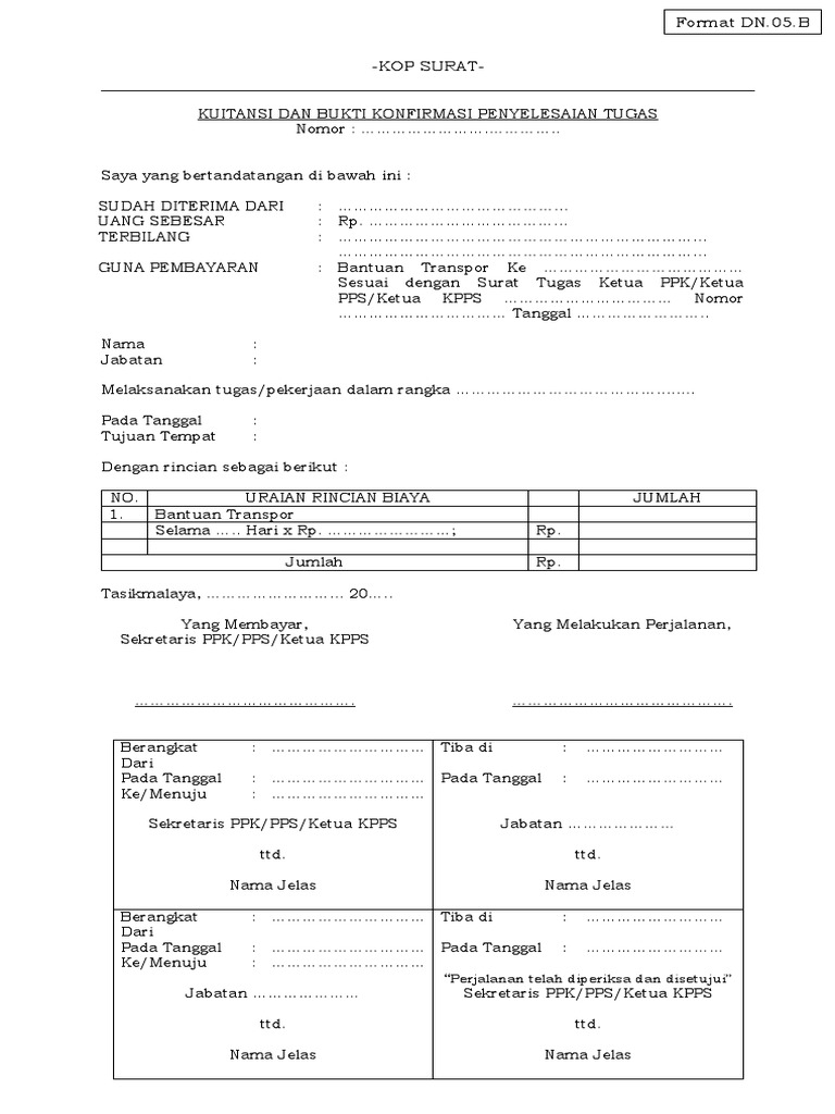 FORMAT DN.05.B Kuitansi Dan Bukti Konfirmasi Penyelesaian Tugas | PDF