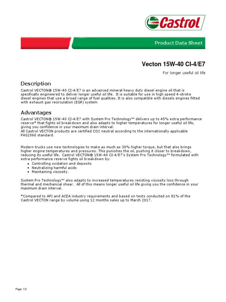 PDS - Castrol Vecton 15W40 | PDF | Physical Sciences | Chemistry