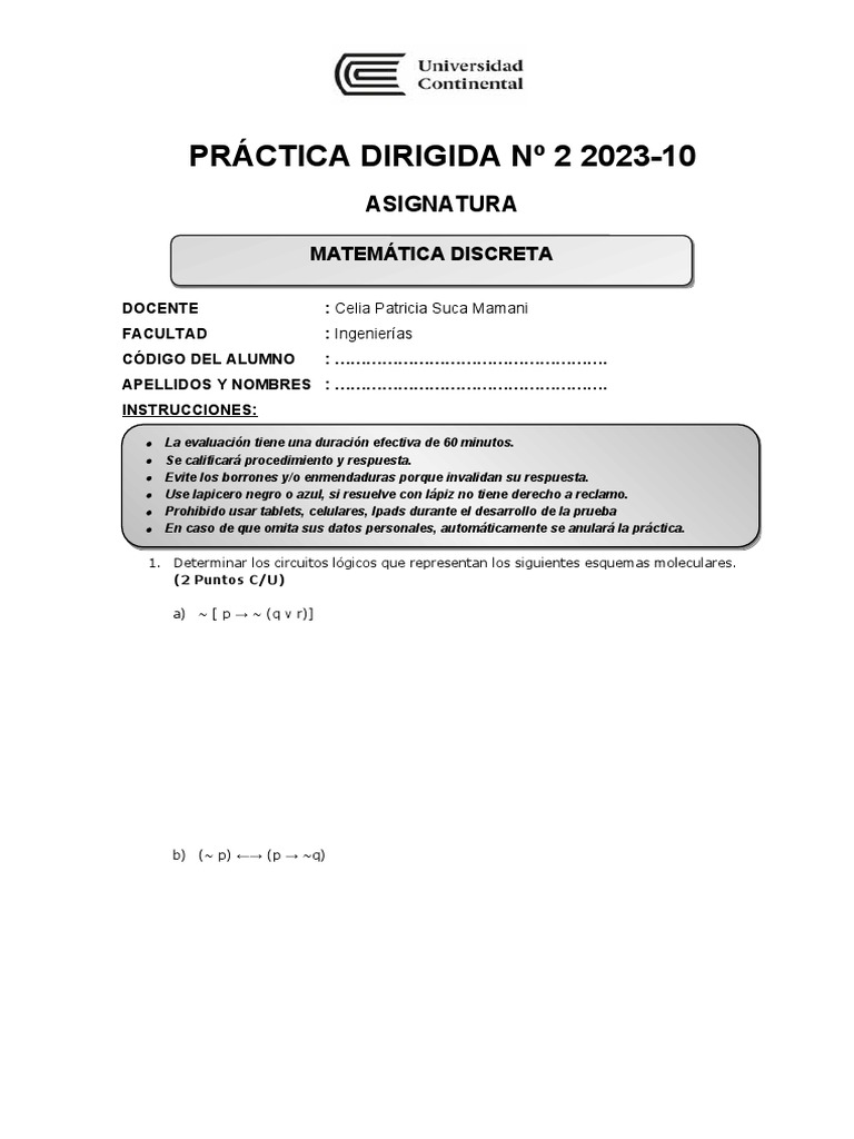 Práctica Dirigida #2 Matemática Discreta 2022-10 | PDF | Matemáticas | Lógica