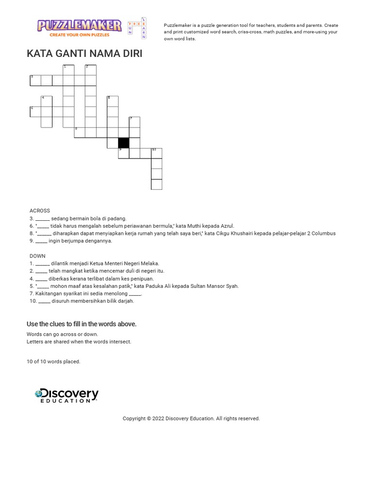 Criss Cross Puzzle - KATA GANTI NAMA DIRI | PDF