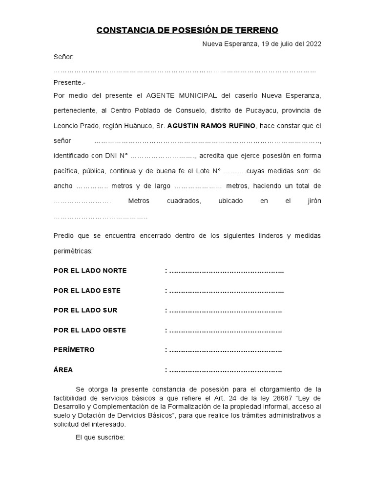 Constancia de Posesión de Terreno | PDF