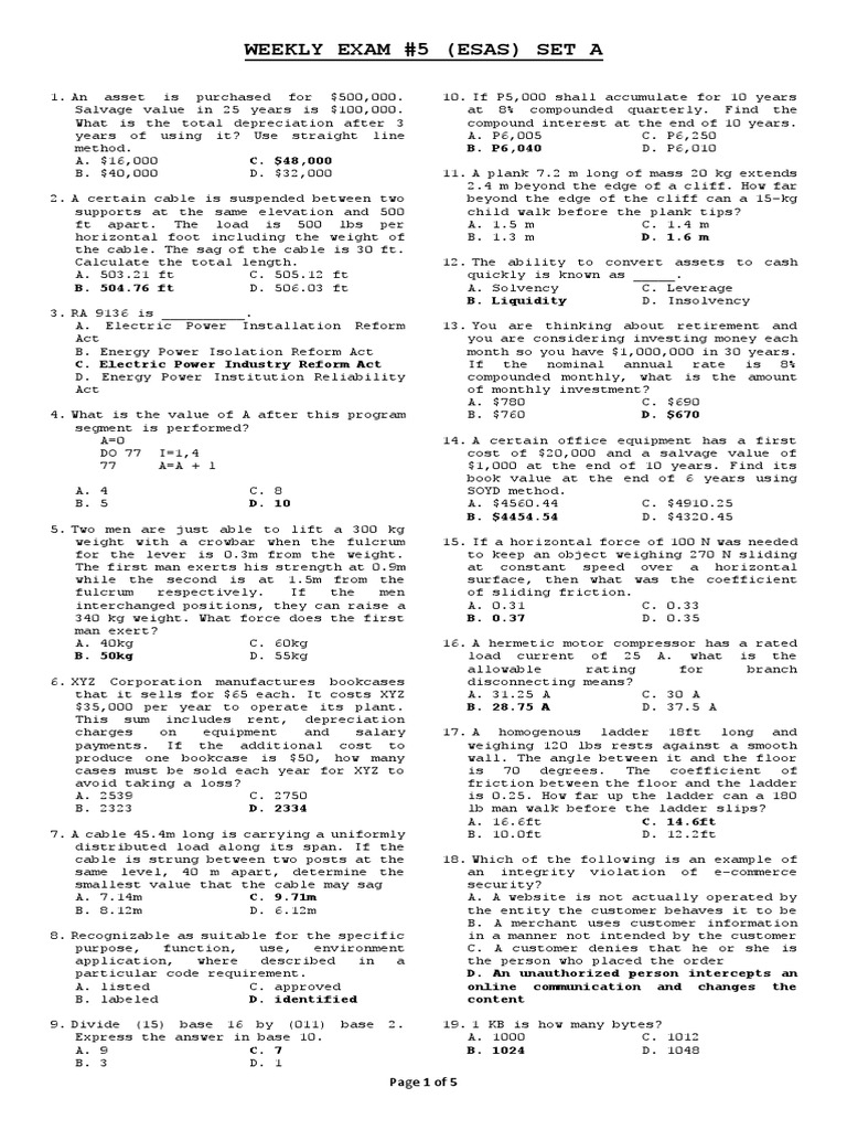 Weekly Exam #5 (Esas) Set A: Page 1 of 5 | PDF | Interest | Force