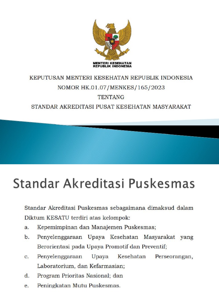 Permenkes 165 2023 Standar Akreditasi Puskesmas | PDF