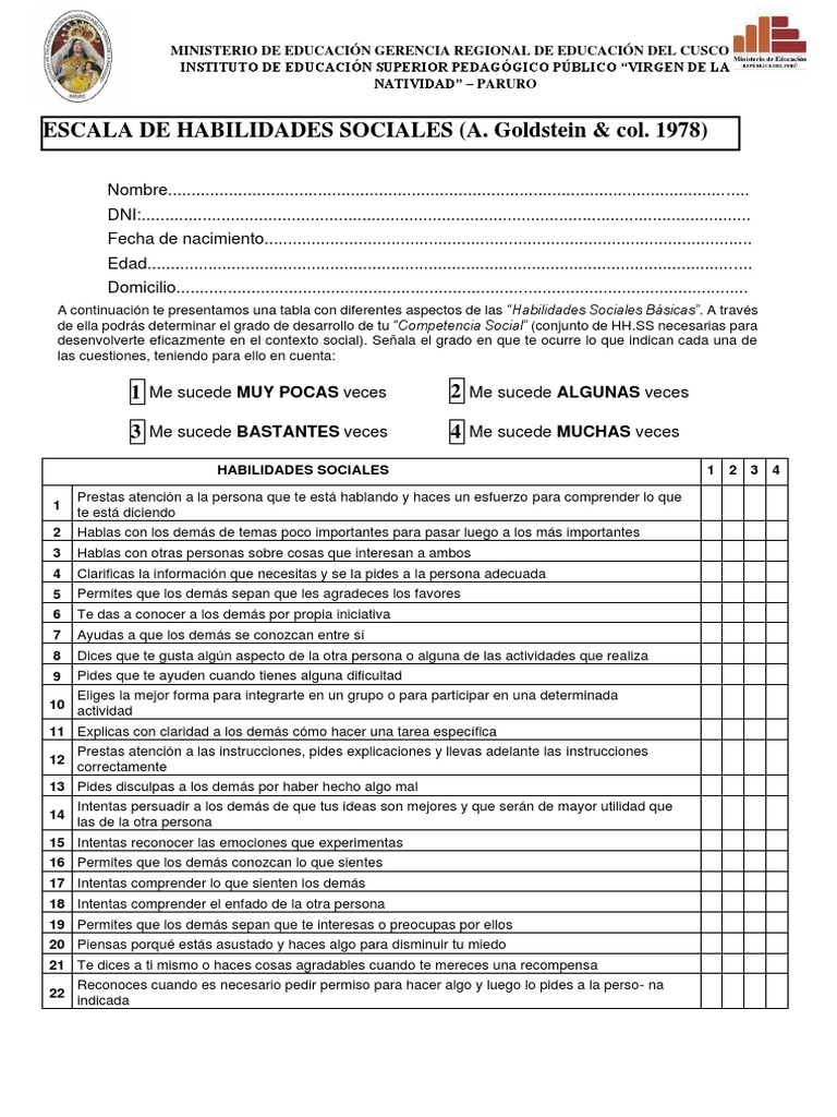 Escala de Habilidades Sociales (A. Goldstein & Col. 1978) | PDF