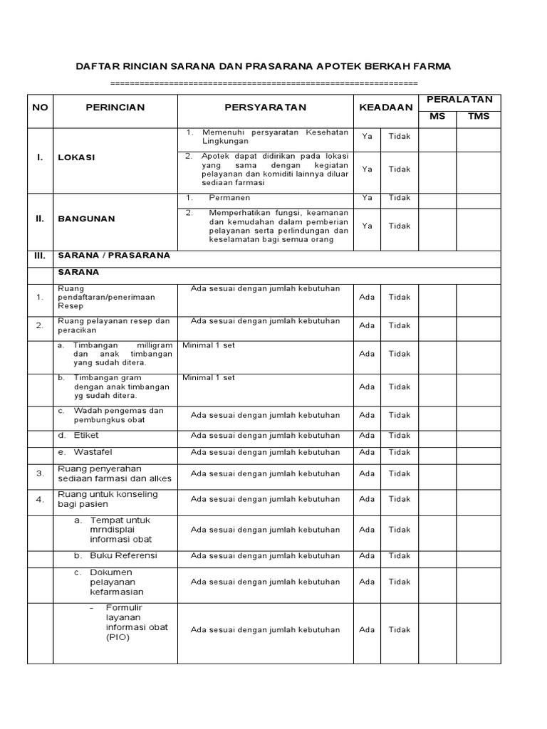 Daftar Sarana Prasarana Dan Peralatan Apotek | PDF