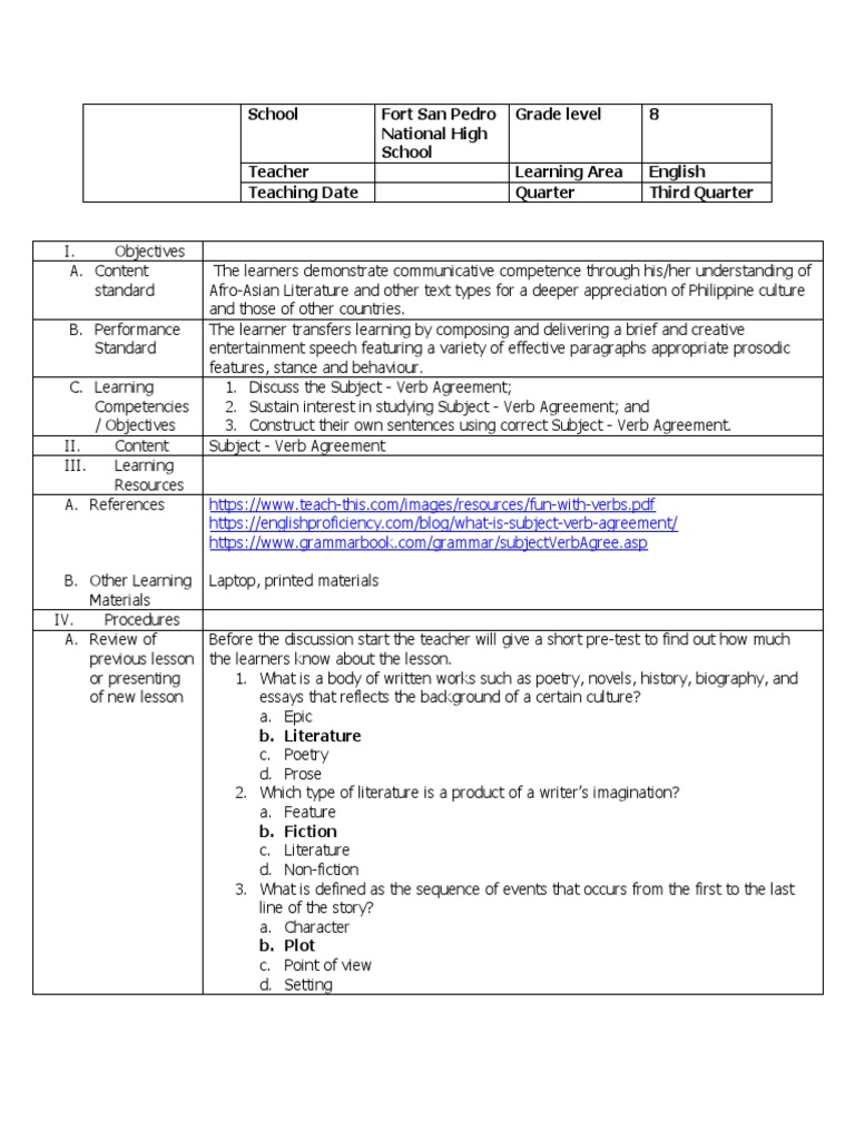 Subject-Verb Agreement Lesson Plan | PDF | Grammatical Number | Plural