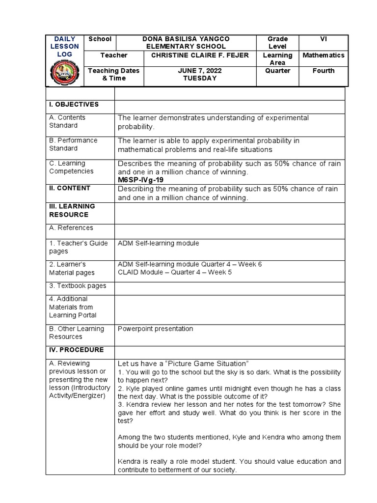 MATH DLL QTR 4 Week 6 Probability | PDF | Learning | Probability