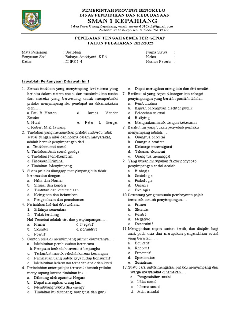 Soal PTS SOSIOLOGI KELAS X SMT 2 | PDF | Ilmu Sosial | Sains & Matematika