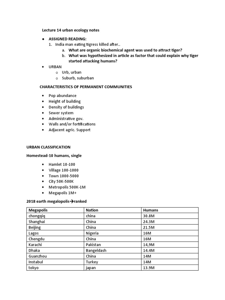 Lecture 14 Urban Ecology Notes | PDF