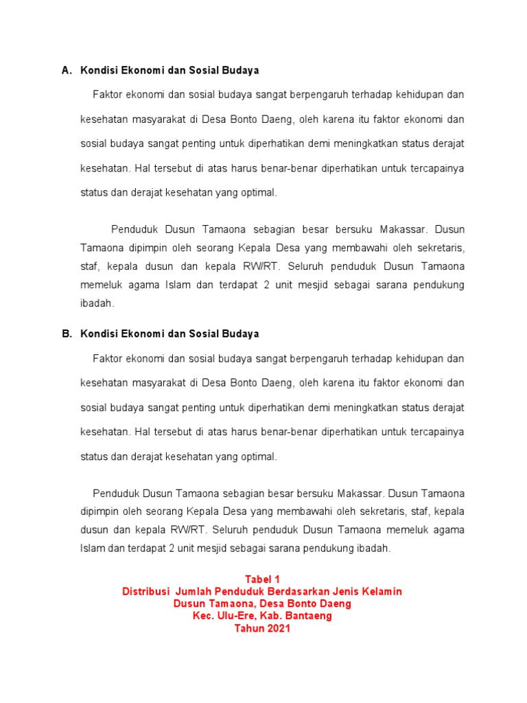 Kondisi Sosial Ekonomi Dusun Tamaona | PDF