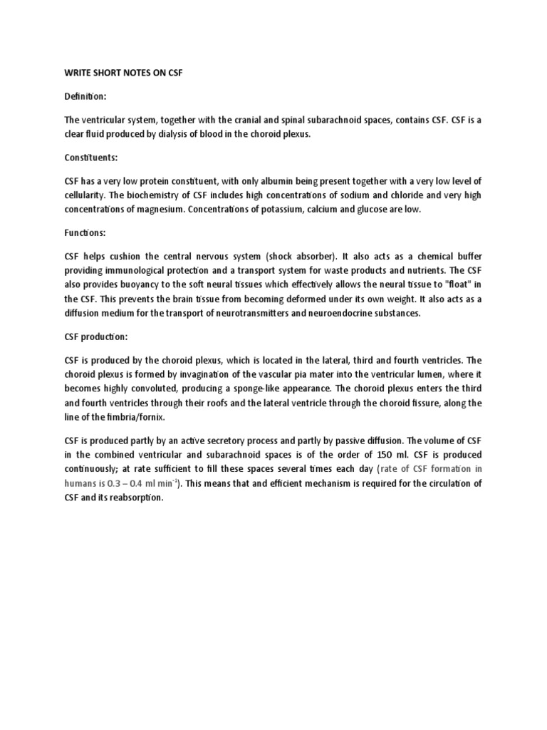 Write Short Notes On CSF | PDF | Cerebrospinal Fluid | Medical Specialties