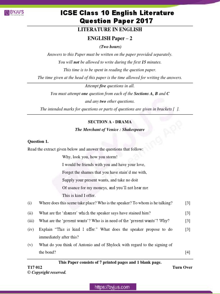 ICSEClass-10-English-Literature-Question-Paper2017 | PDF | The Merchant ...