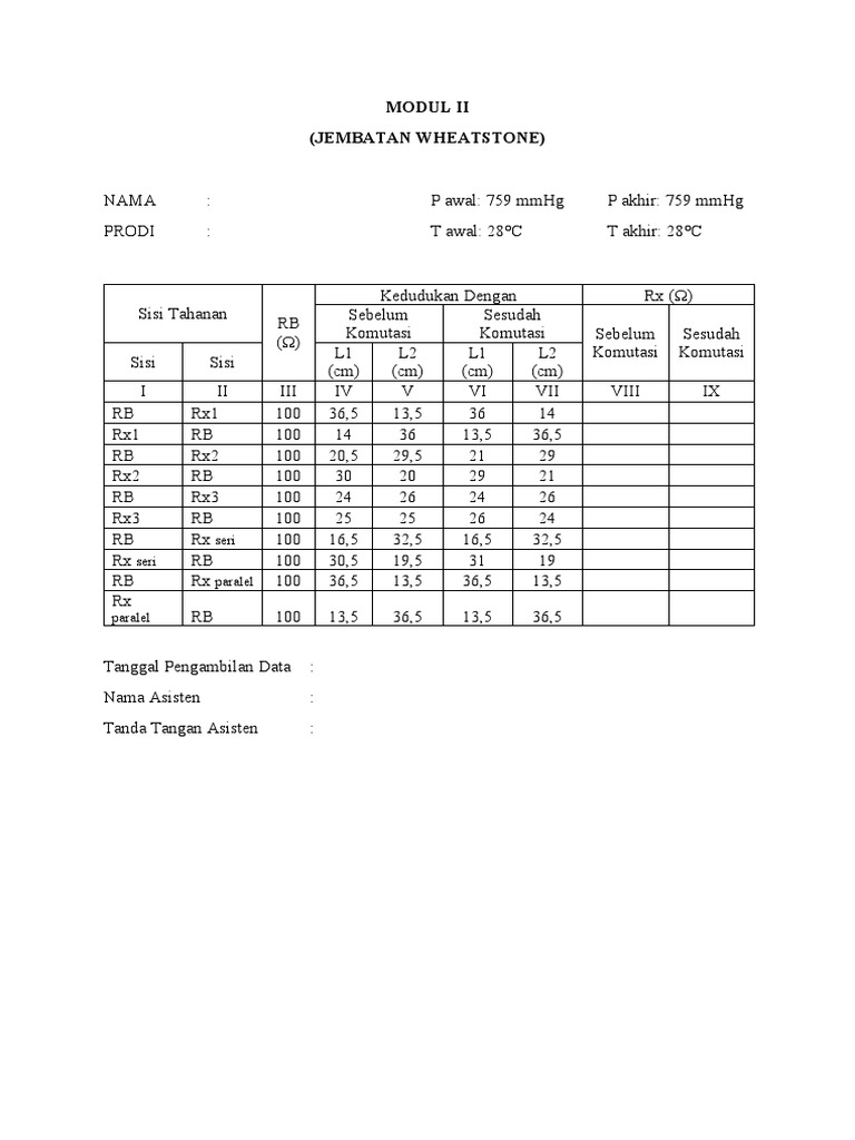 Data Pengamatan Modul Ii (Jembatan Wheatstone) | PDF