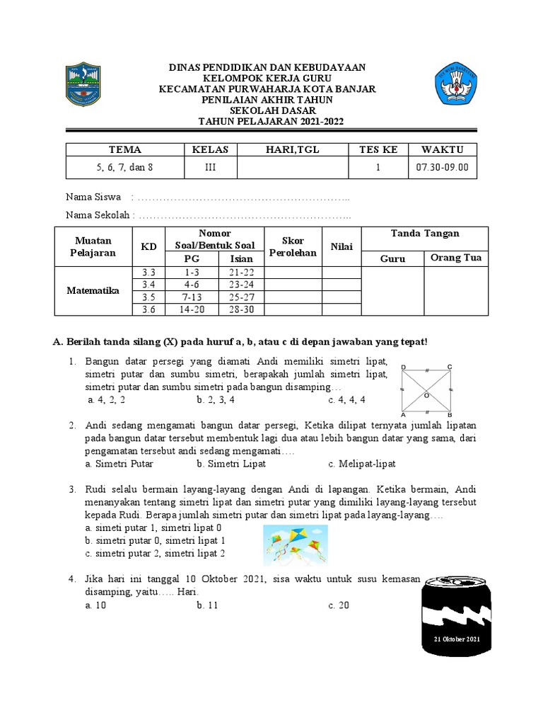Soal Pat Matematika Kelas 3 Semester 2 Thn Ajaran 2021 2022 Pdf