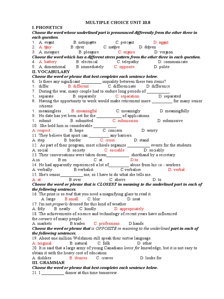 FILE - 20220318 - 185147 - MULTIPLE CHOICE UNIT 10.8 Bichngoctran | PDF