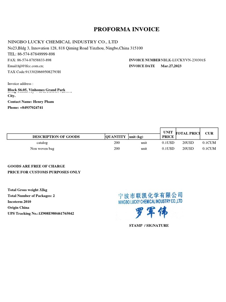 Free of Charge Invoice For Sample 1z908e980461765042 | PDF