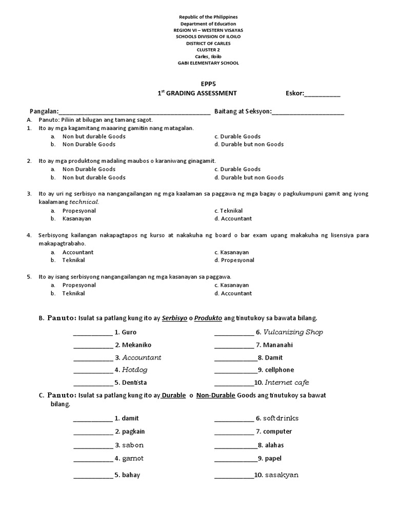 1st Grading Exam Grade 5 | PDF