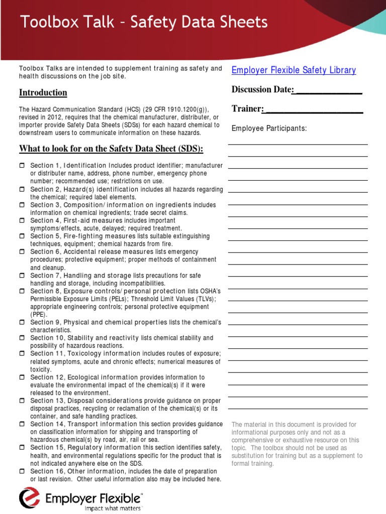 Toolbox Talks - Safety Data Sheets | PDF | Personal Protective ...