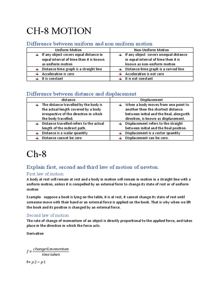 Ch-8 Motion: Difference Between Uniform and Non Uniform Motion | PDF | Force | Potential Energy