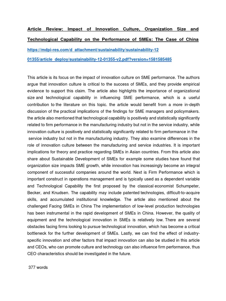 Article Review: Impact of Innovation Culture, Organization Size and Technological Capability On ...