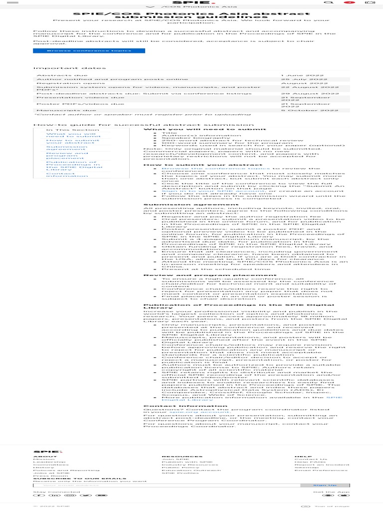 SPIE/COS Photonics Asia Abstract Submission Guidelines: Important Dates ...