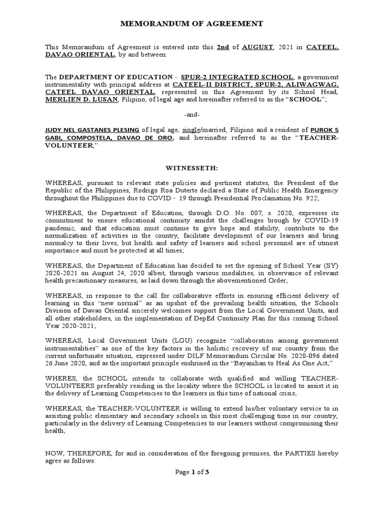 MOA DEPED VOLUNTEER COVID 19 ParaTeacher Volunteers January 20211 | PDF ...