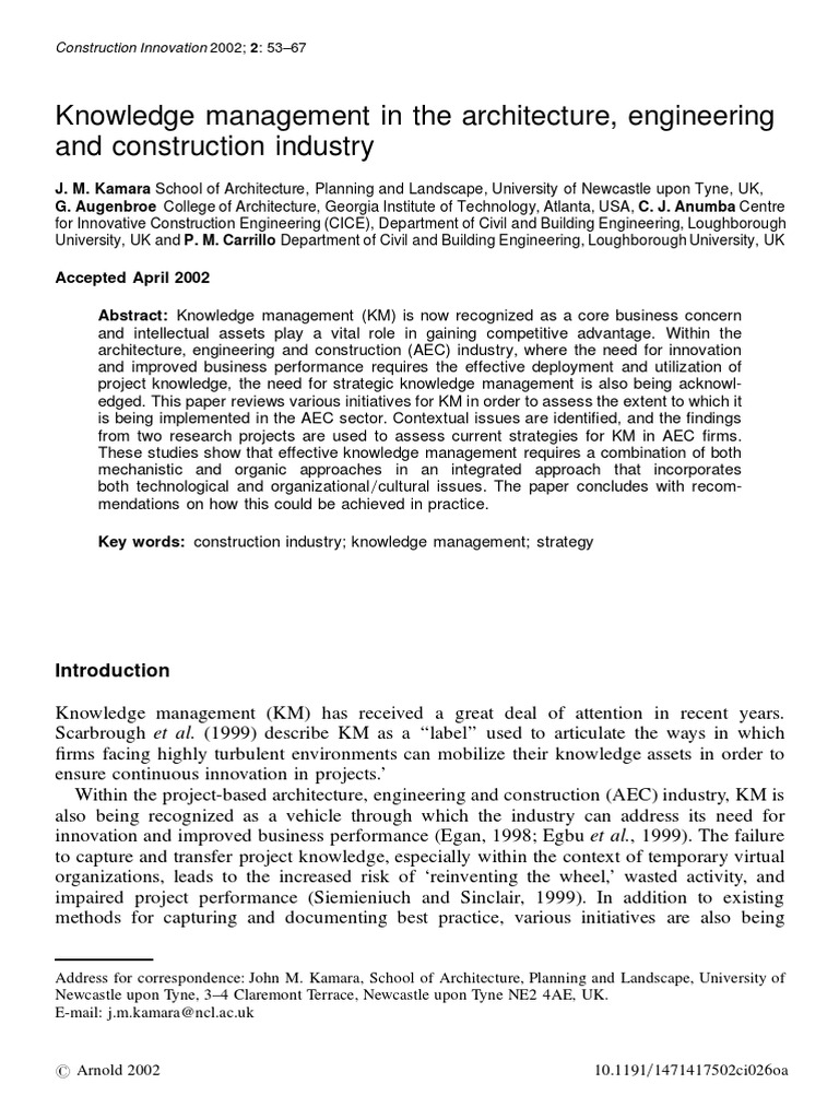 Knowledge Management in The Architecture, Engineering and Construction Industry | PDF ...