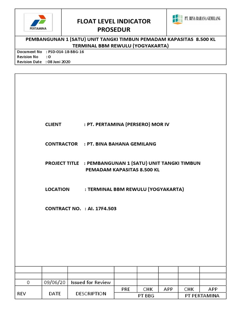 Prosedur Indikator Level Tangki 8500 KL | PDF