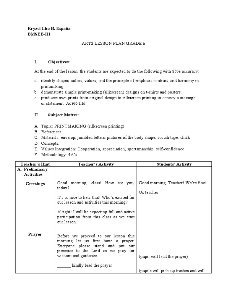 Printmaking Lesson Plan for Sixth Grade Students | PDF