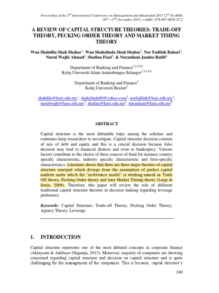 A REVIEW OF CAPITAL STRUCTURE THEORIES Edite | PDF | Capital Structure ...