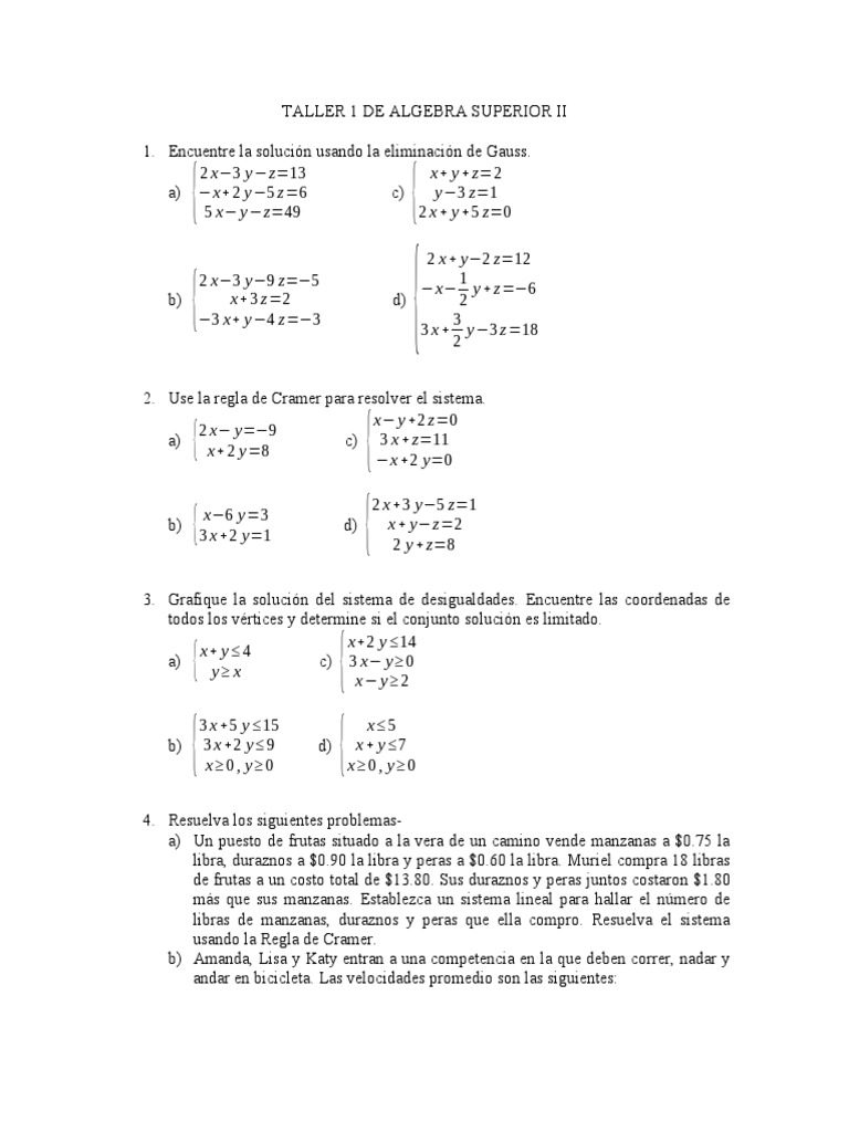 Taller de Álgebra Superior II: Sistemas y Gráficas | PDF | Matemáticas ...