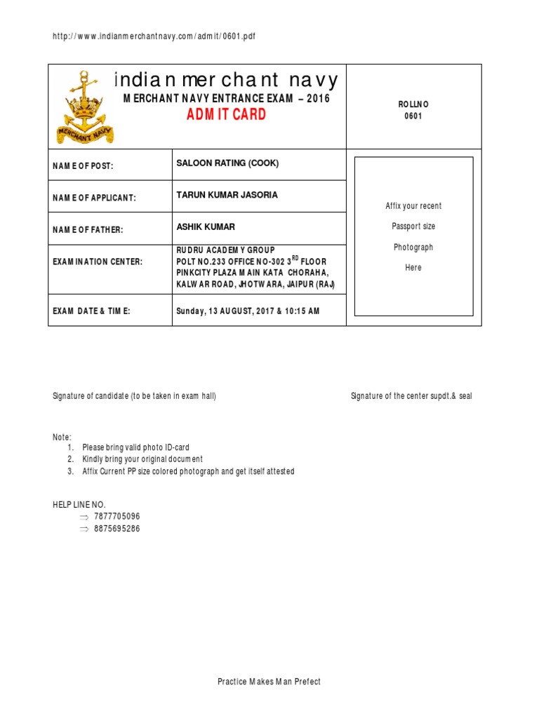 Indian Merchant Navy: Admit Card | PDF