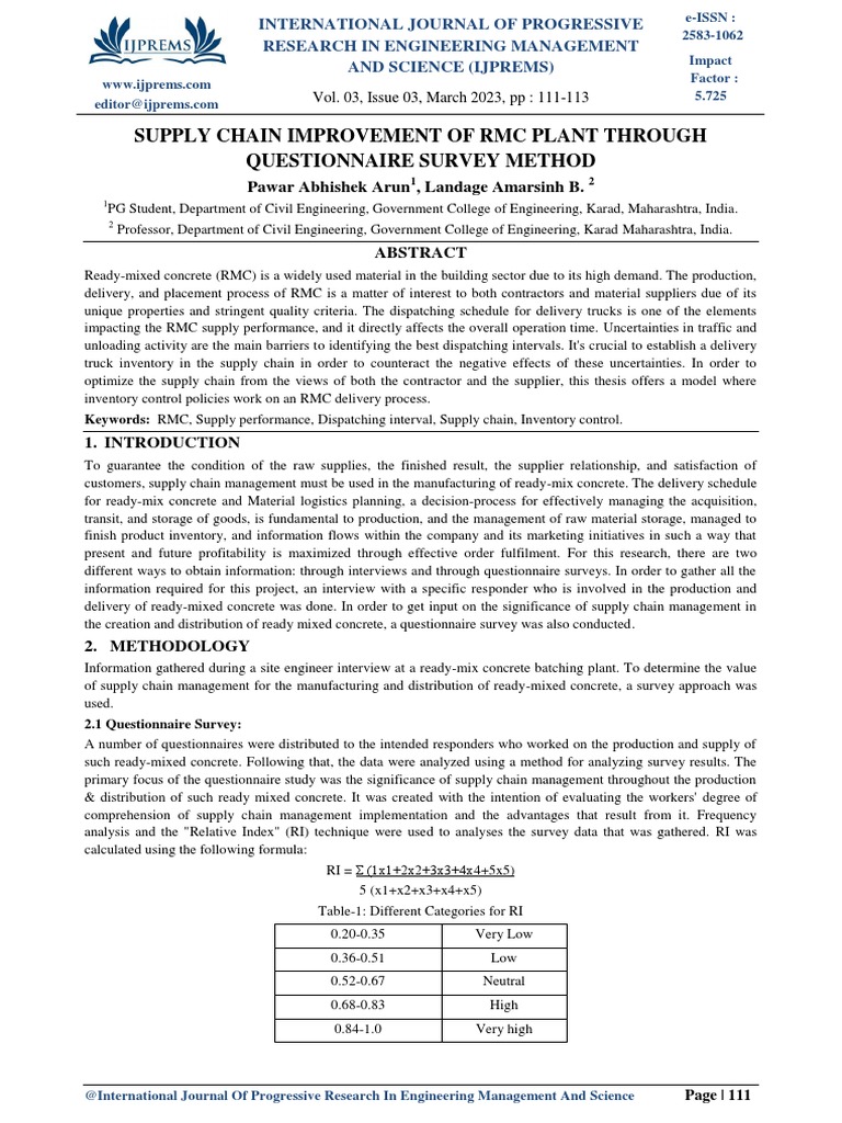 Supply Chain Improvement of RMC Plant Through Questionnaire Survey ...