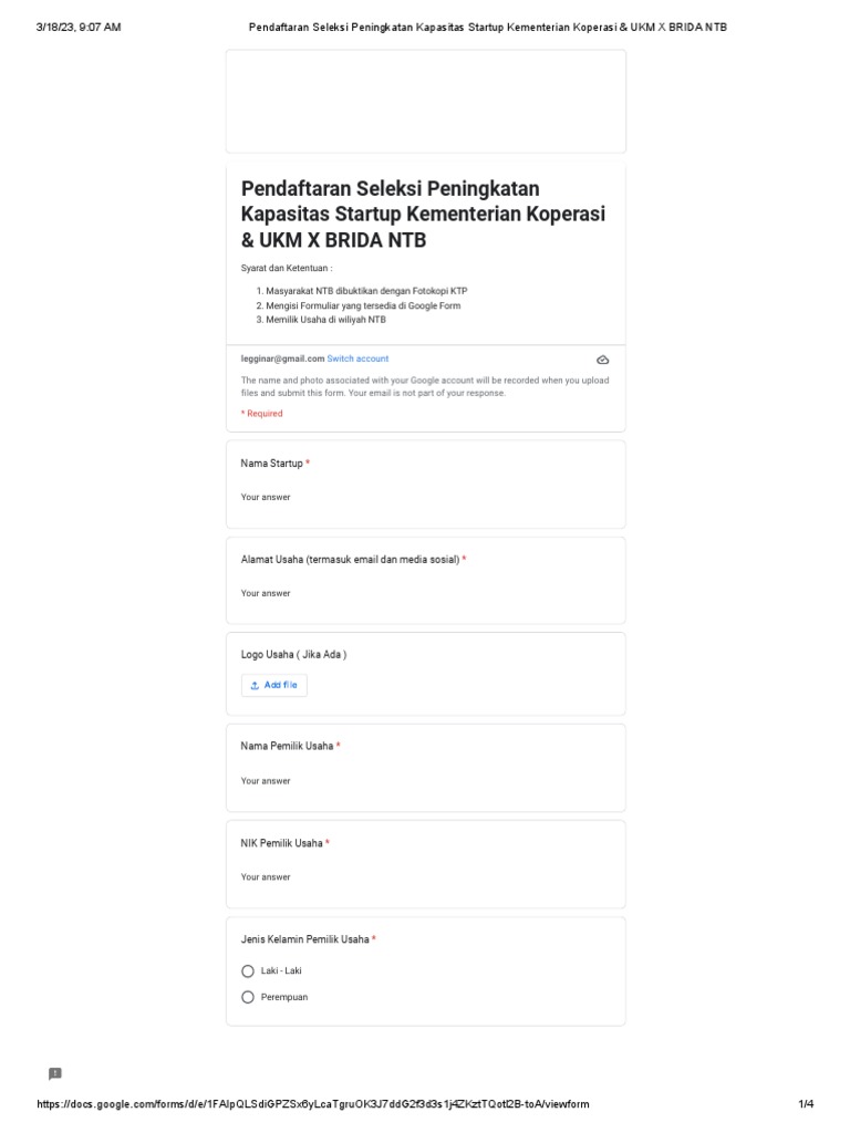 Pendaftaran Seleksi Peningkatan Kapasitas Startup Kementerian Koperasi & UKM X BRIDA NTB | PDF