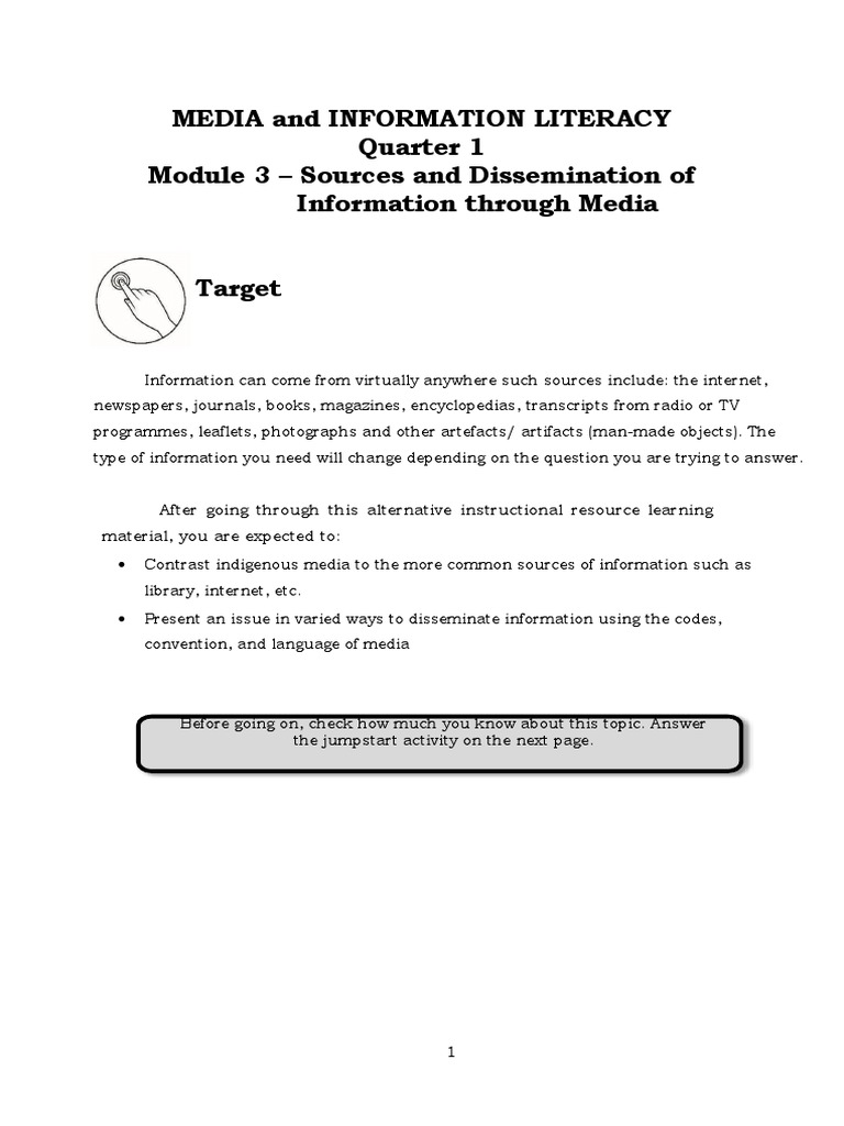 Media and Information Literacy Quarter 1 Module 3 - Sources and Dissemination of Information ...