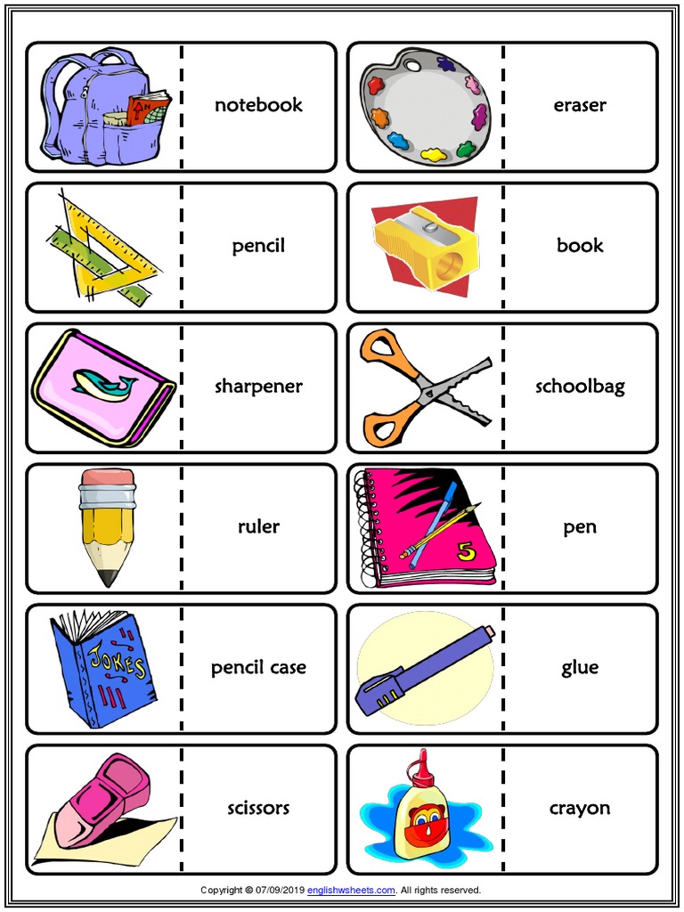 Classroom Objects Vocabulary Esl Printable Dominoes Game For Kids | PDF