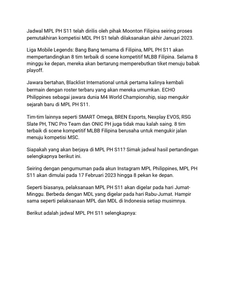 Jadwal MPL PH S11 Telah Dirilis Oleh Pihak Moonton Filipina Seiring Proses Pemutakhiran ...