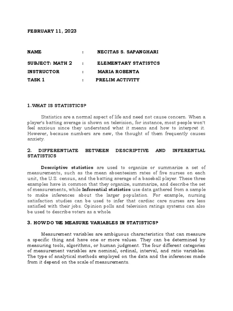 Prelim Activity | Download Free PDF | Sampling (Statistics) | Statistics Prelim Activity | Download Free PDF | Sampling (Statistics) | Statistics