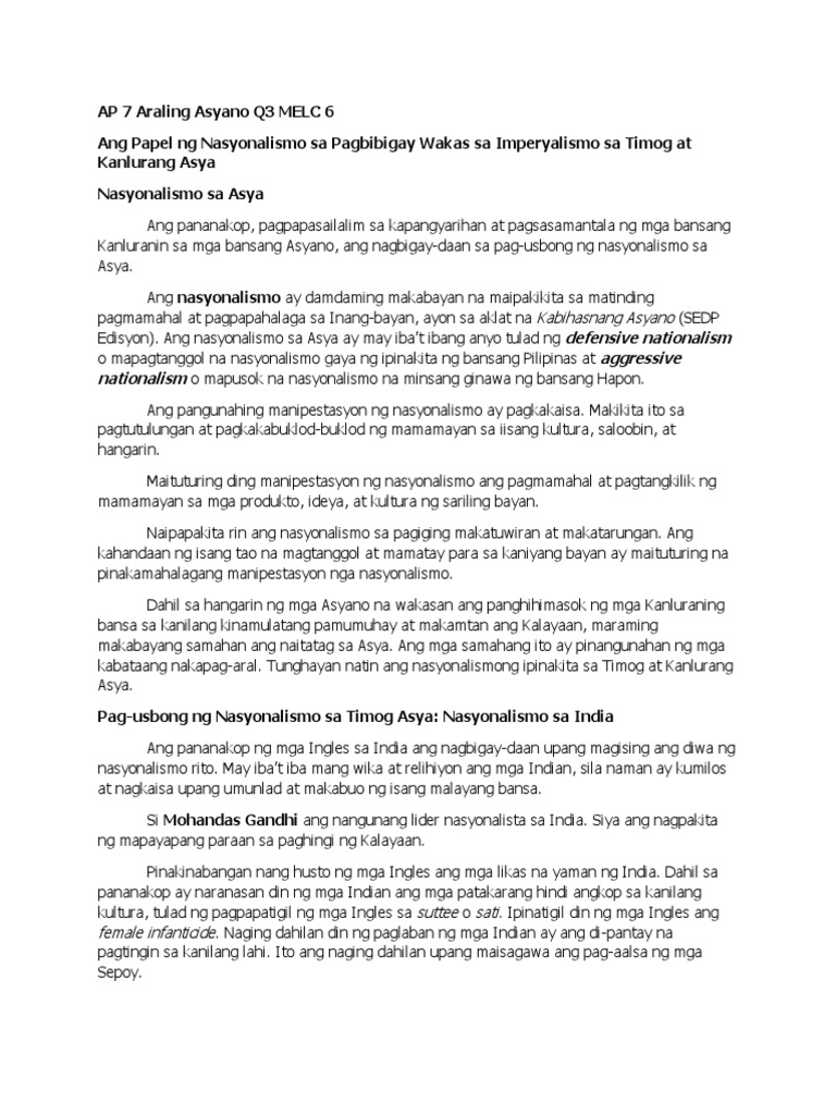 AP 7 Araling Asyano Q3 MELC 6 | PDF
