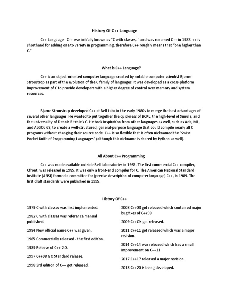 C++ Language History PRESentationss | PDF | C++ | Compiler C++ Language History PRESentationss | PDF | C++ | Compiler