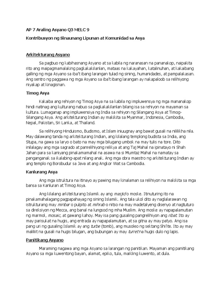 AP 7 Araling Asyano Q3 MELC 9 | PDF