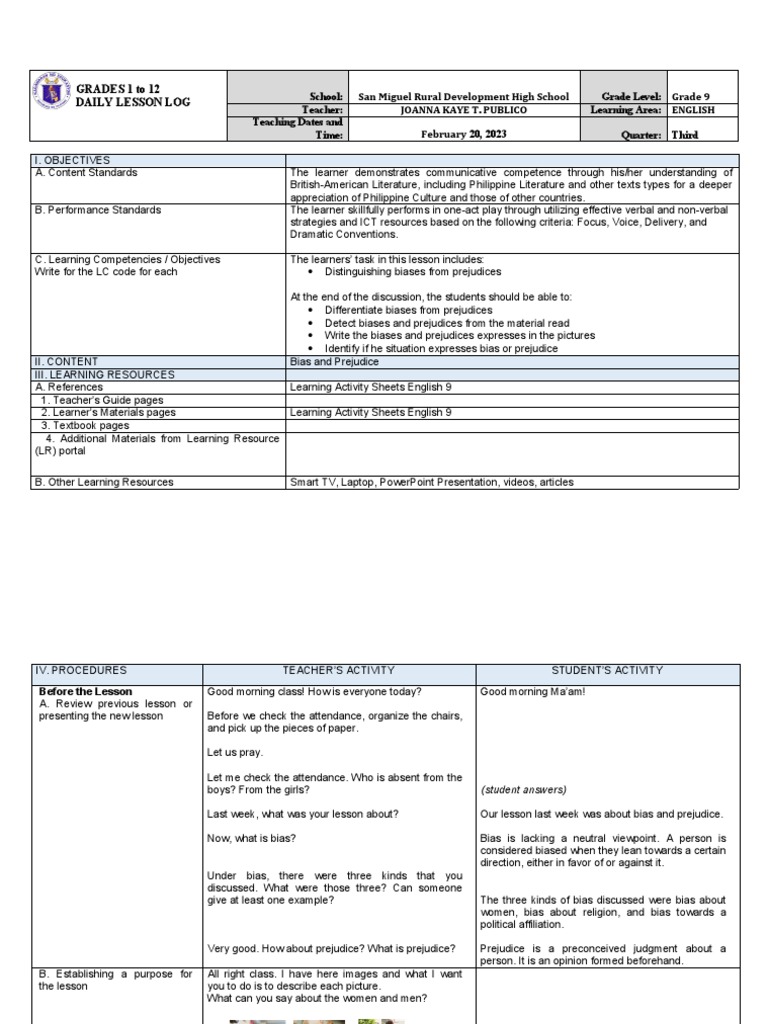Bias and Prejudice Lesson Plan for Grade 9 | PDF | Bias | Learning