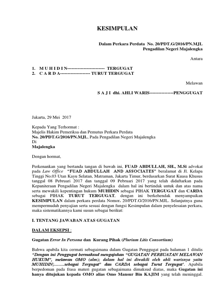 Contoh Kesimpulan Tergugat | PDF | Politik