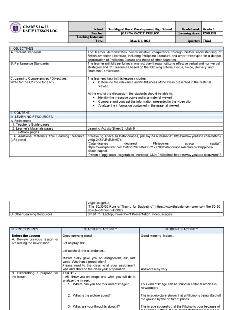 Detailed Lesson Plan (Determine The Relevance and Truthfulness of The ...