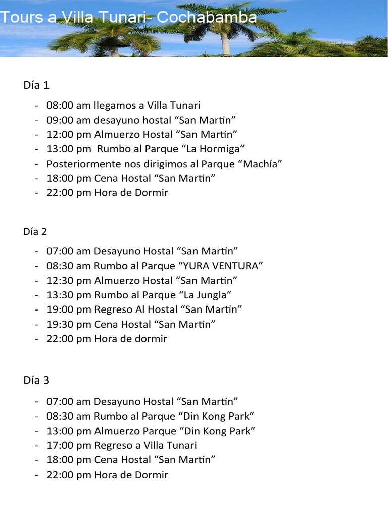 Itinerario de Tour a Villa Tunari | PDF | Viajes y turismo | Hogar ...