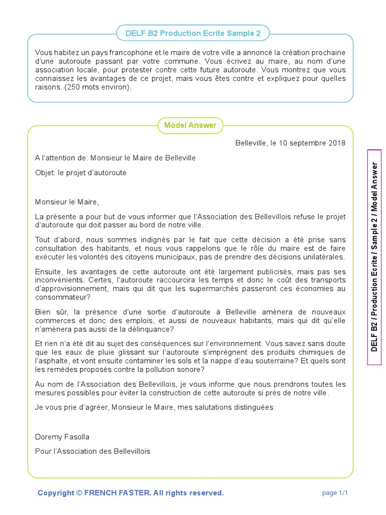 DELF B2 Production Ecrite Exemple 2 Model Answer Autoroute | PDF ...