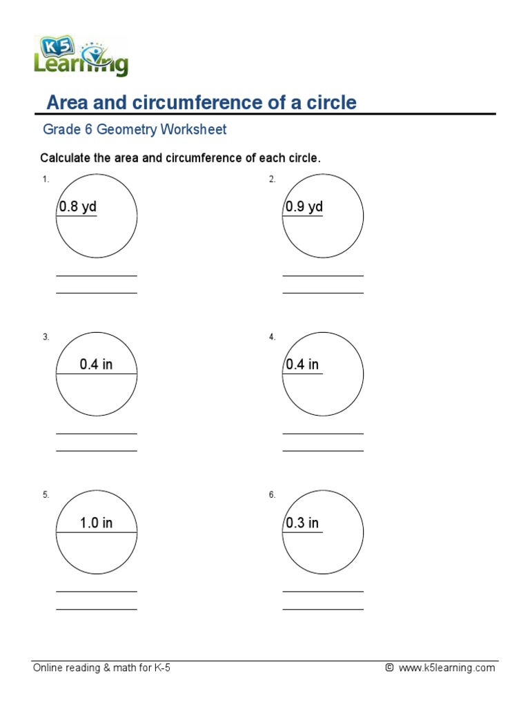 Area and Circumference of A Circle: Grade 6 Geometry Worksheet | PDF ...