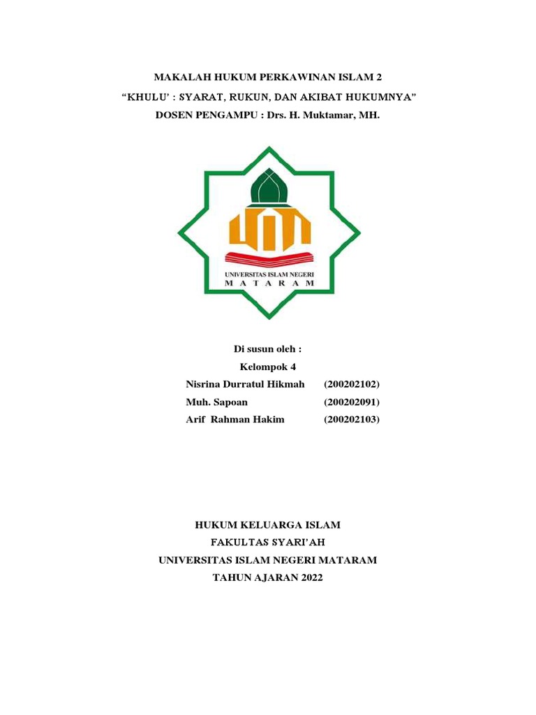Makalah Khulu' KLMPK 4 (HKM Perkawinan Islam 2) | PDF