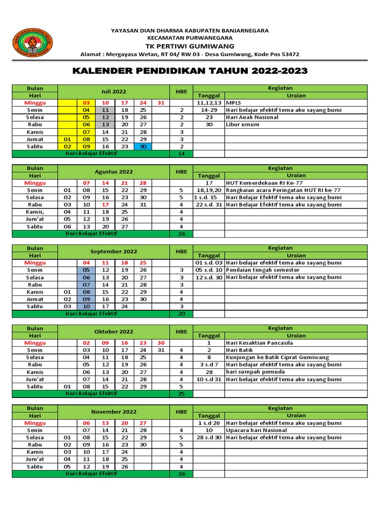 Kalender Pendidikan Tahun 2022-2023: TK Pertiwi Gumiwang | PDF