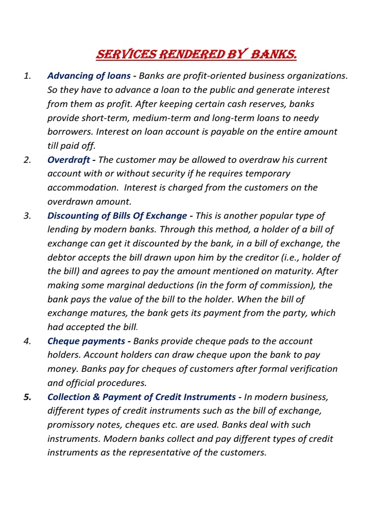 Services Rendered by Banks.: Advancing of Loans | PDF | Banks | Credit Card